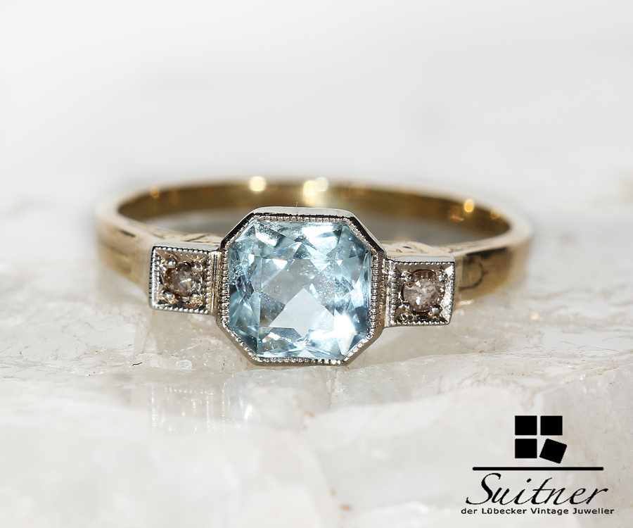 Art Deco Ring mit Aquamarin und Diamanten aus 585 Gold antik | Juwelier ...