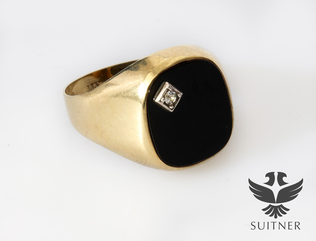 Herren Siegelring 333 Gold Onyx weißer Stein im Brillantschliff RG 67 ...